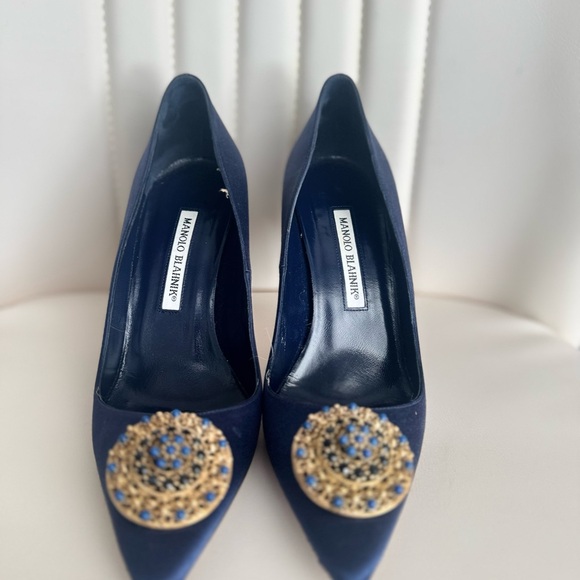 Manolo Blahnik | Shoes | Manolo Blahnik Blue And Gold Heels With ...